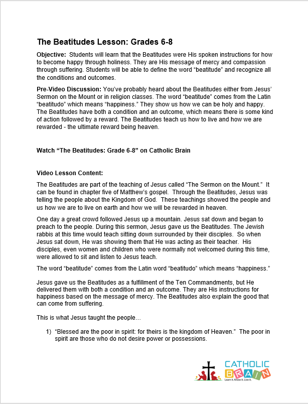 The Beatitudes - Lesson Plan - Grades 6-8 - CatholicBrain.com