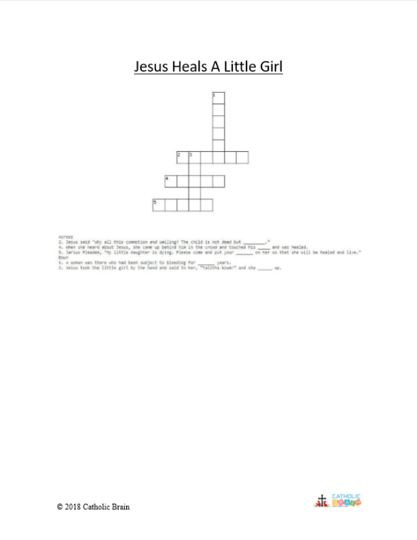 Jesus Heals a Little Girl - Crossword - CatholicBrain.com